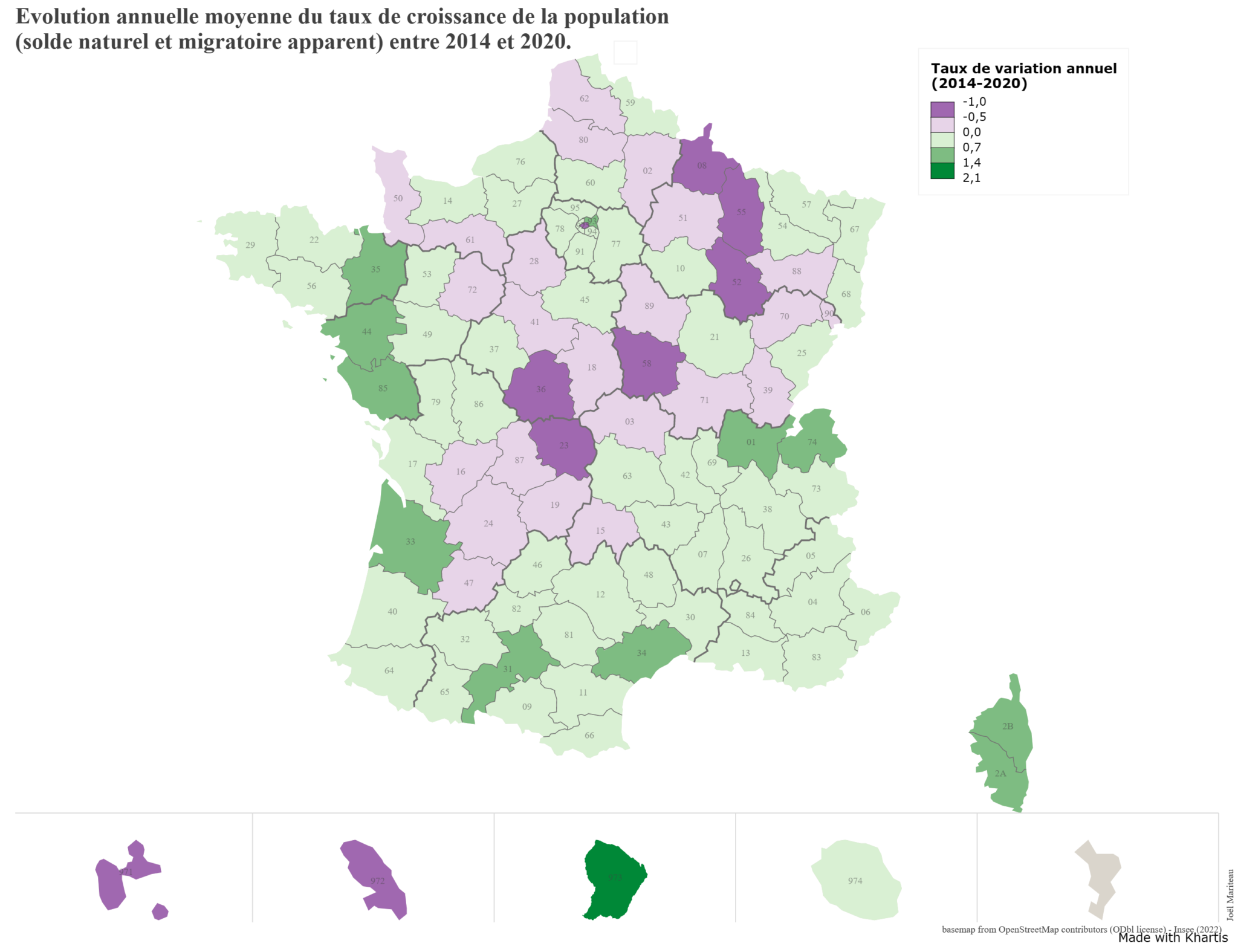 [Carte] Variation annuelle de la population des départements (2014-2020 ...